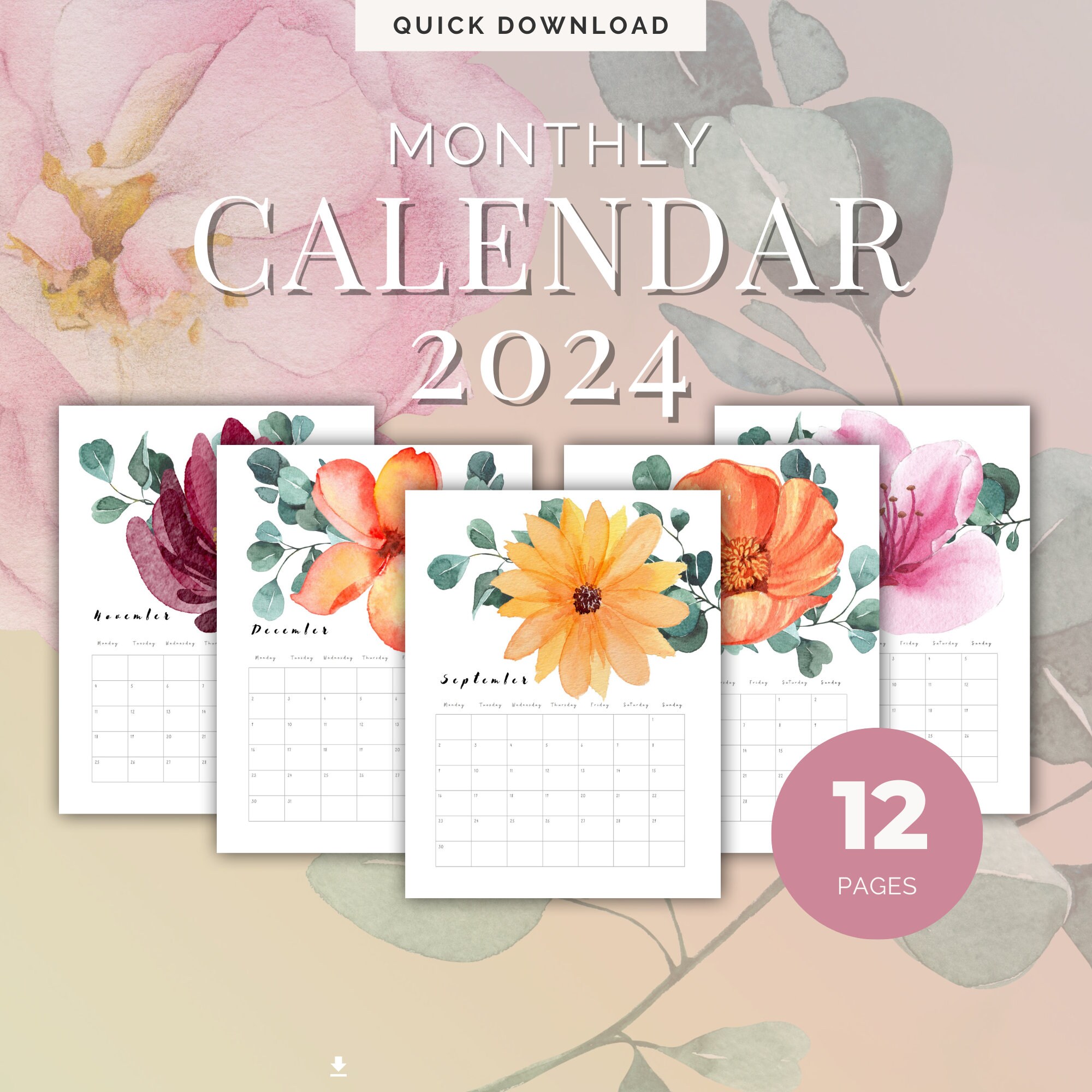 Printable Watercolour Floral Calendar 2024, Monthly Calendar With ...