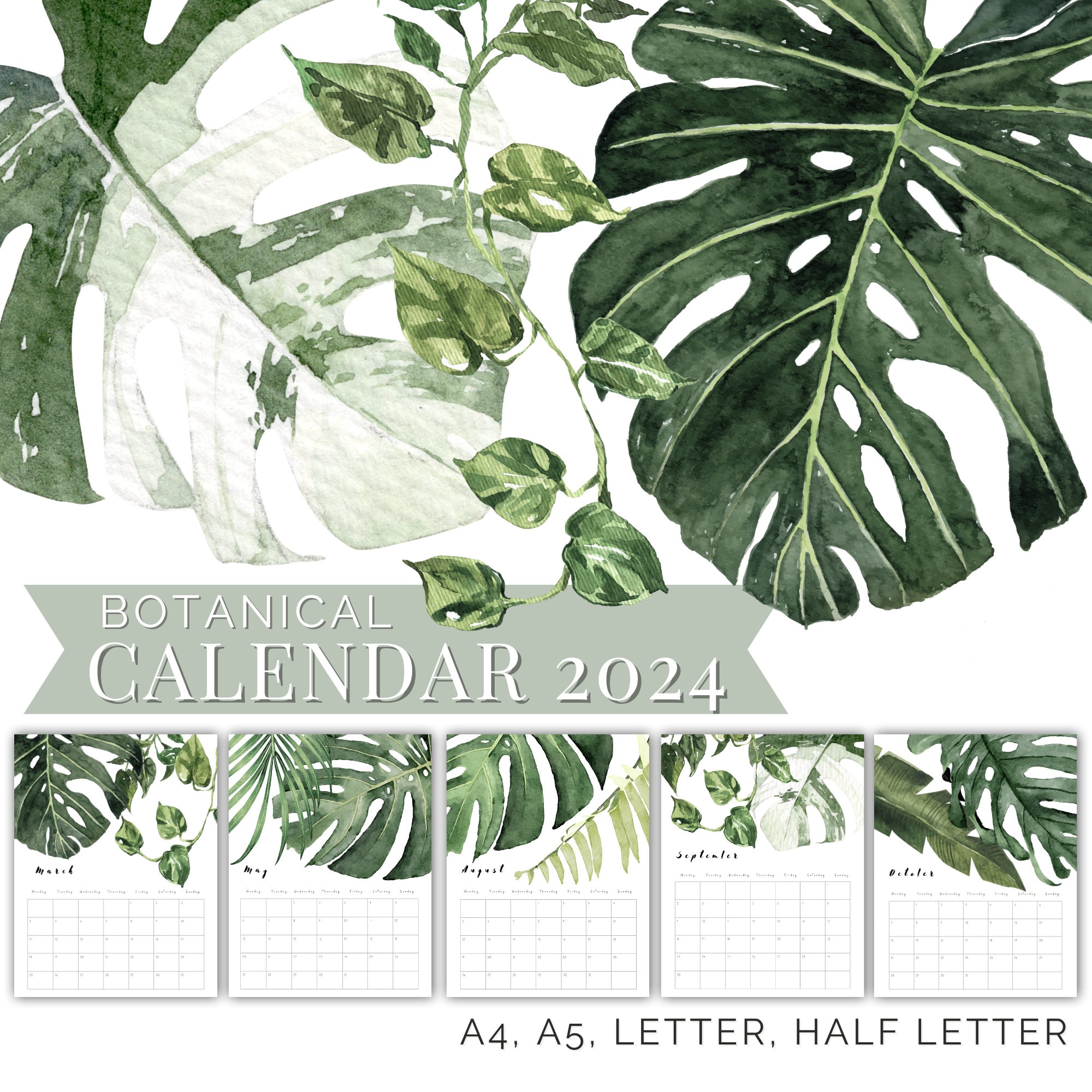 Printable Monstera Watercolour Calendar 2024, Monthly Calendar With ...