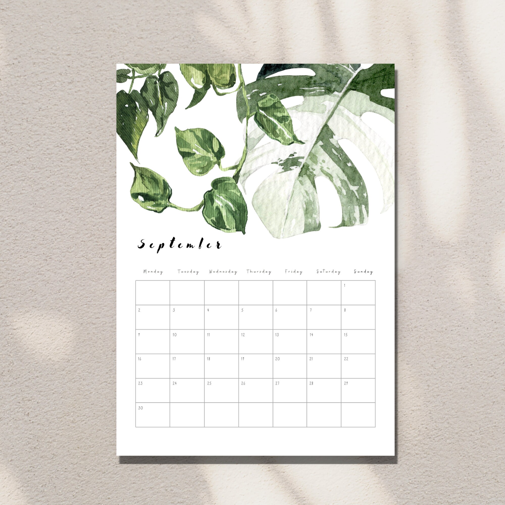 Printable Monstera Watercolour Calendar 2024, Monthly Calendar With ...