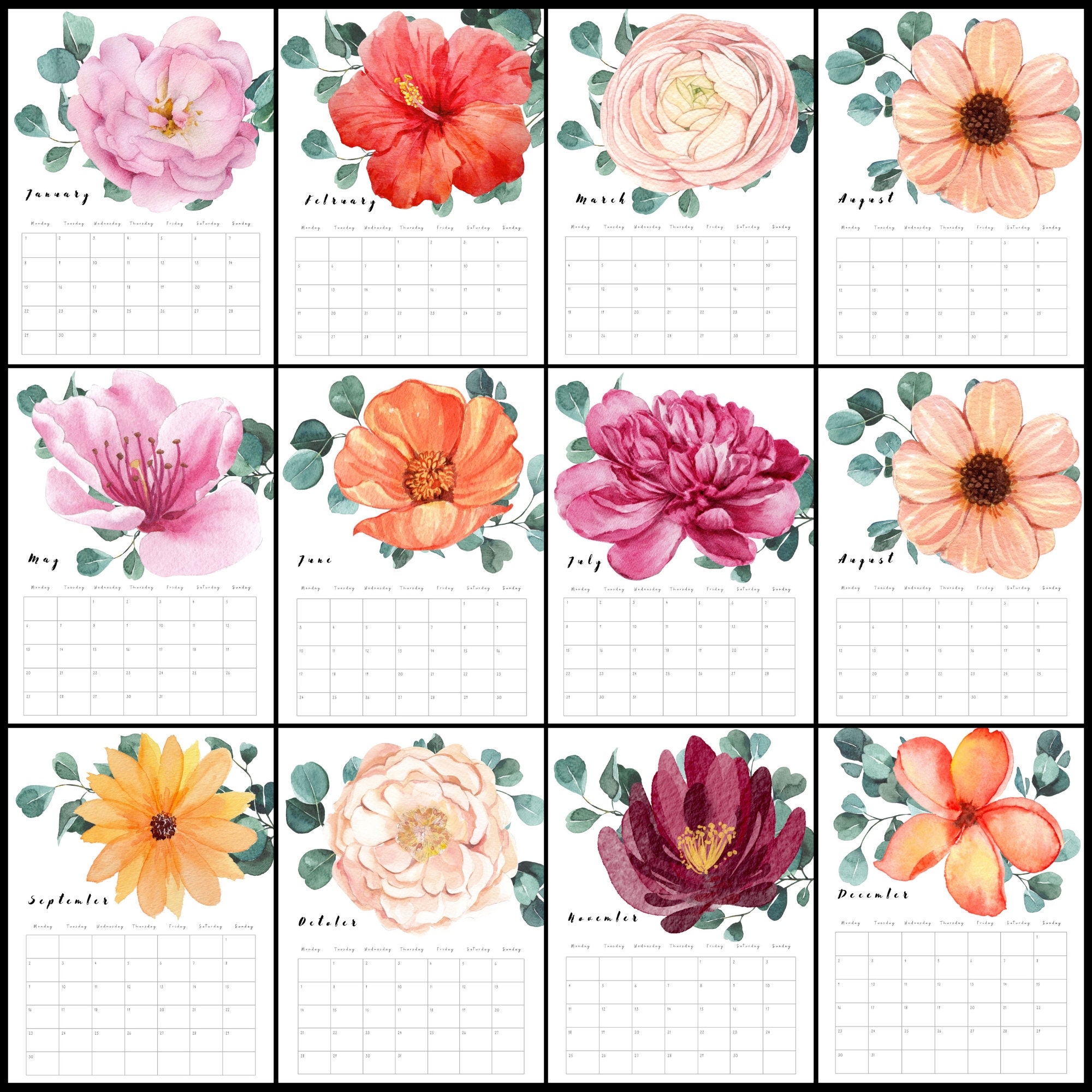 Printable Watercolour Floral Calendar 2024, Monthly Calendar With ...