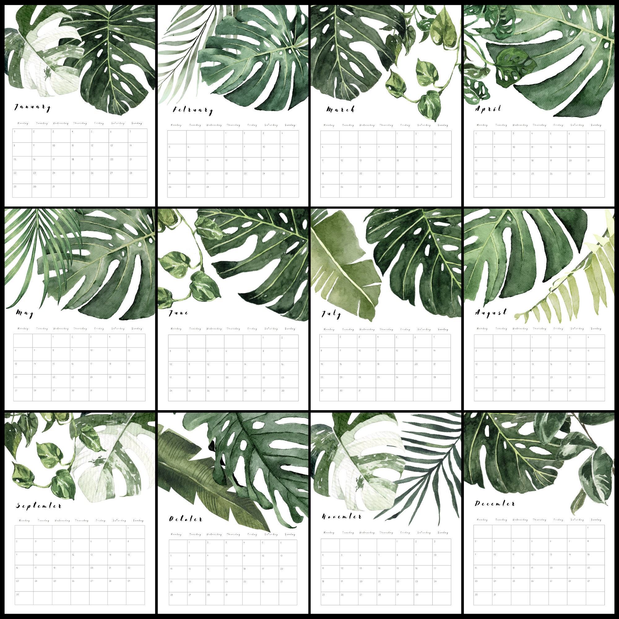 Printable Monstera Watercolour Calendar 2024, Monthly Calendar With ...
