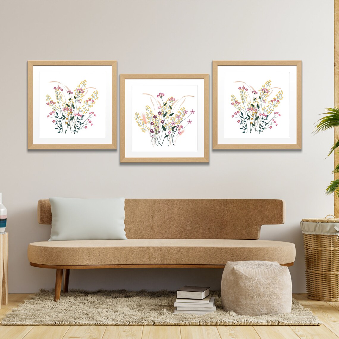 Printable Square Set of 2 Digital Wild Floral Wall Art, Yellow Pink ...
