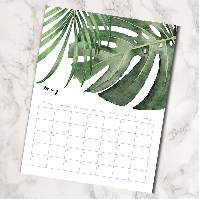 Printable Monstera Watercolour Calendar 2024, Monthly Calendar With ...