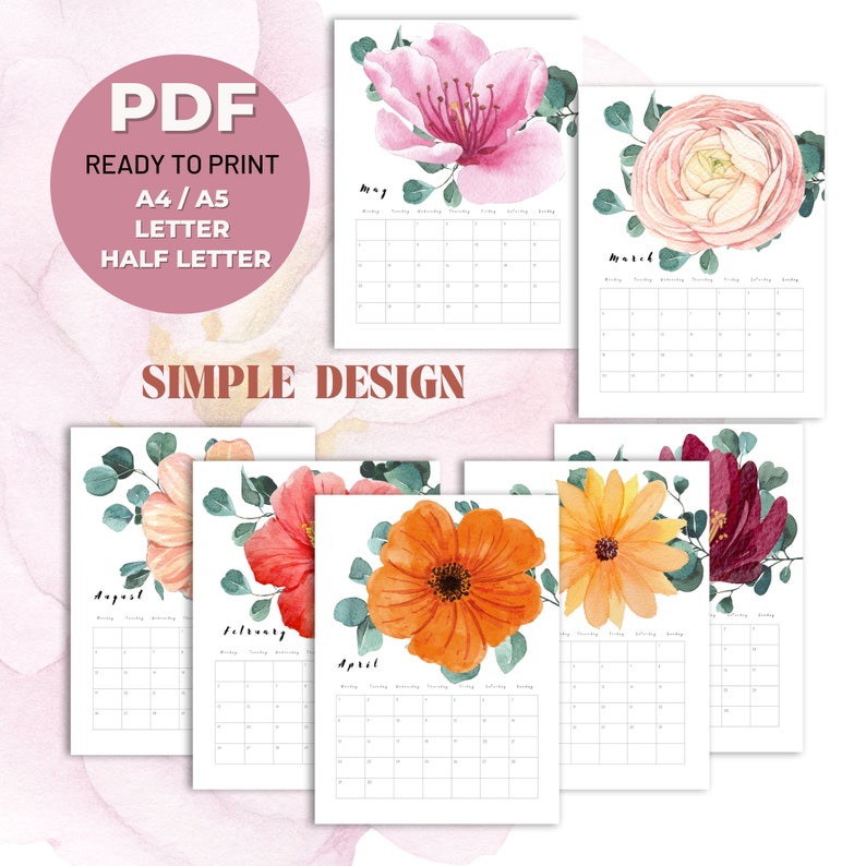 Printable Watercolour Floral Calendar 2024, Monthly Calendar With ...