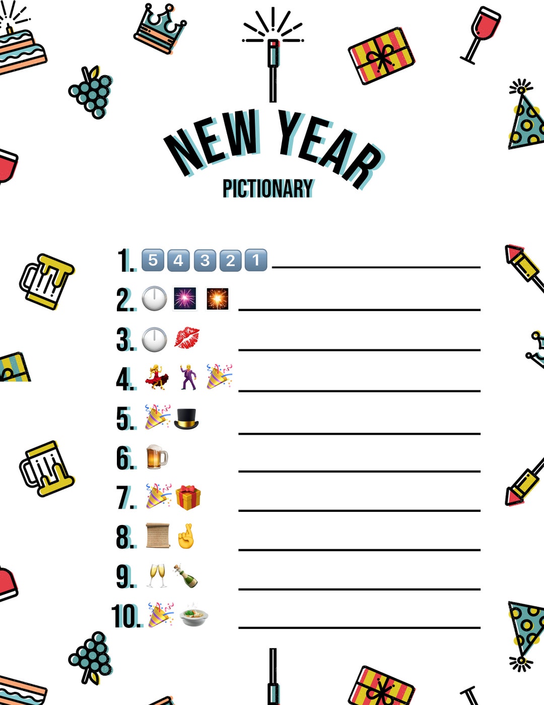 New Years Emoji Pictionary Printable New Years Games Instant Download ...