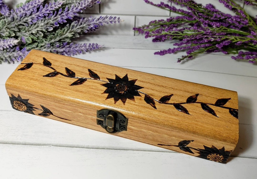 Wood Pen Box, Flower & Ivy Wood Burned Design With a Natural Stain - Etsy