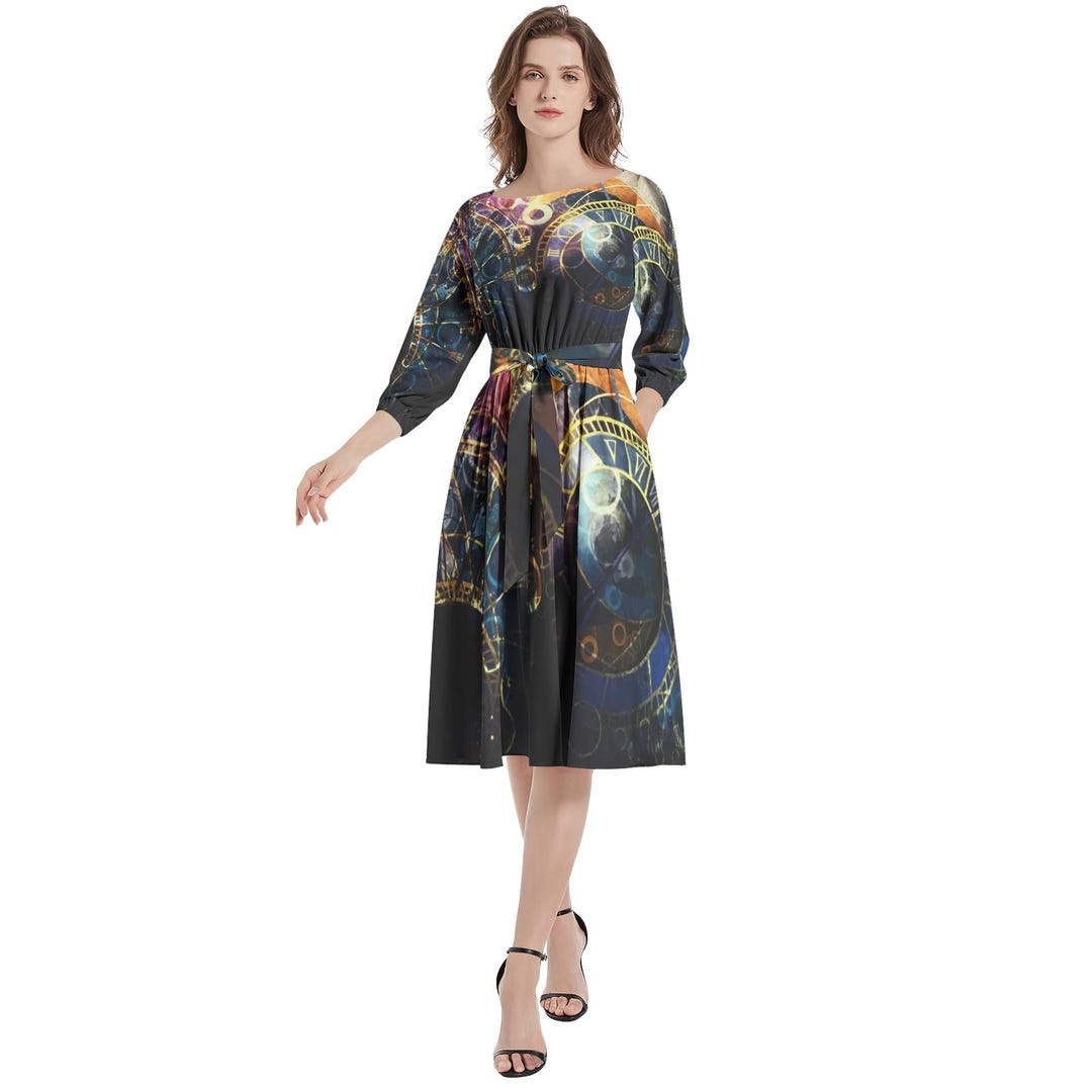 Astro Steampunk Dress Time Traveler Boat Neck Belted Flared Dress ...