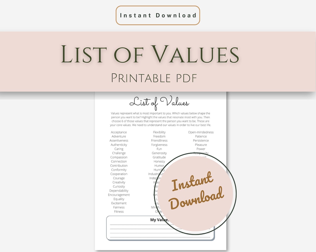List of Values Printable PDF Core Values Journal Printable - Etsy UK