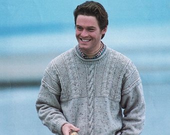 Men's Guernsey Style Sweater Knitting Pattern DK 8 Ply Yarn or Wool 34 ...