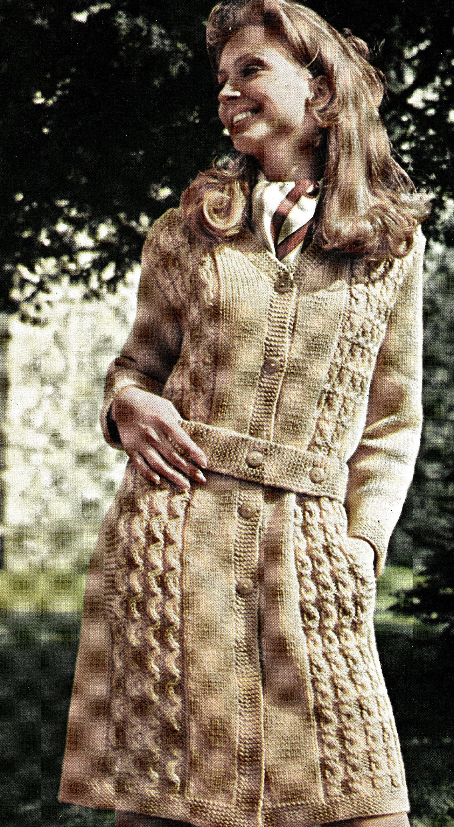 Ladies Bulky Knit Long Line Coat With Banded Cable Panels, Vintage ...