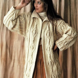 Ladies Gorgeous Long Line Edge to Edge Aran Jacket, Vintage Knitting ...