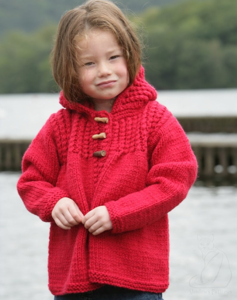 Girls Chunky Knitted Hooded Duffle Coat Style Jacket, Vintage Knitting ...
