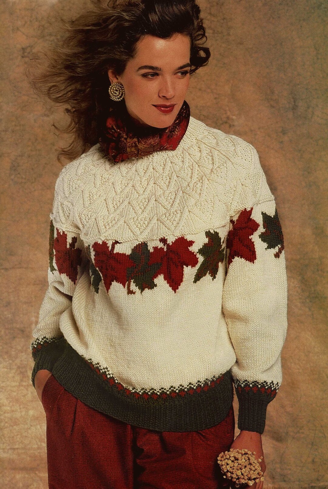 Ladies Gorgeous Sweater With Row of Autumn Leaves and Aran Yoke ...