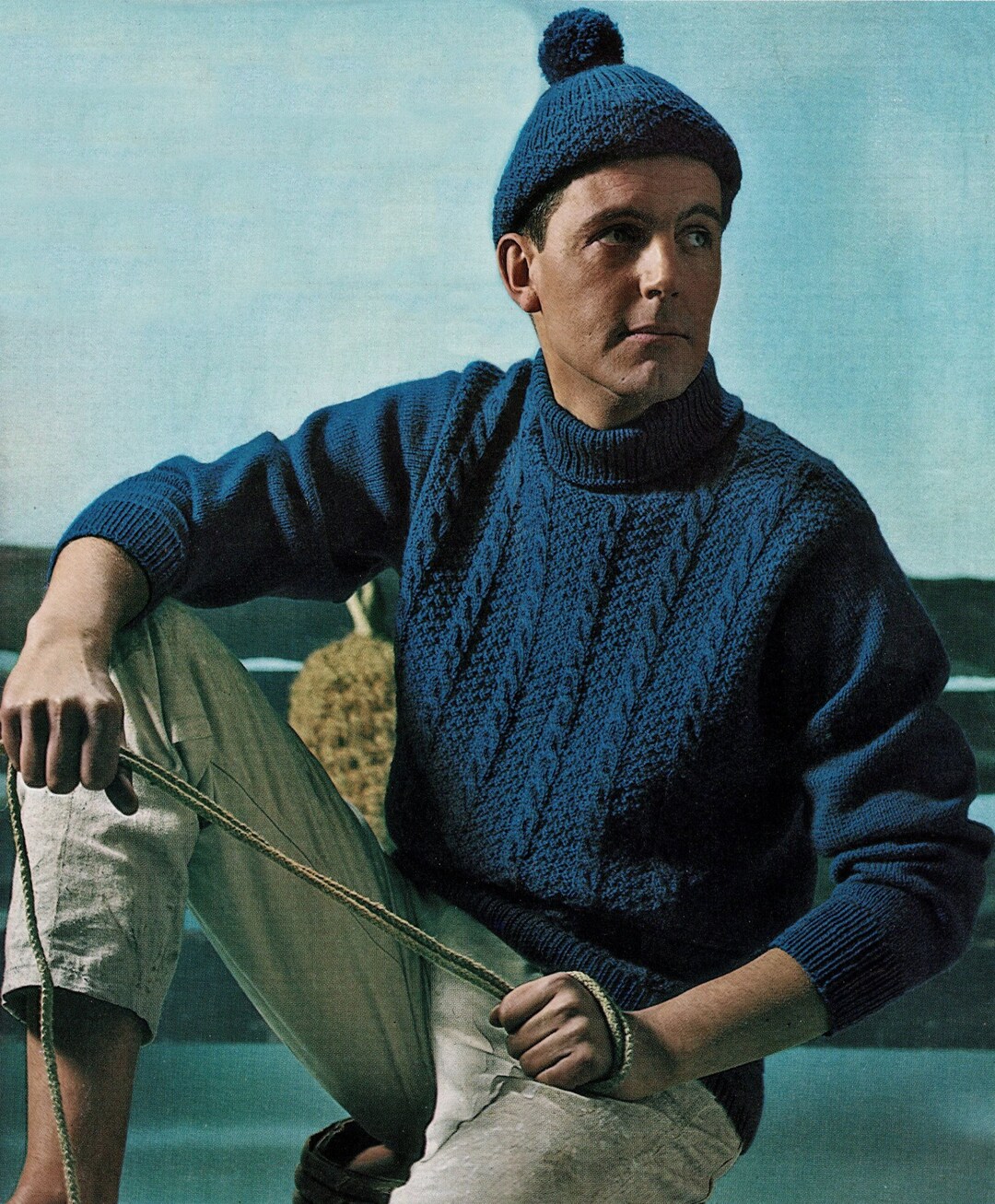 Mens Smart Polo Neck Double Moss Stitch Sweater With Cables and Cap ...