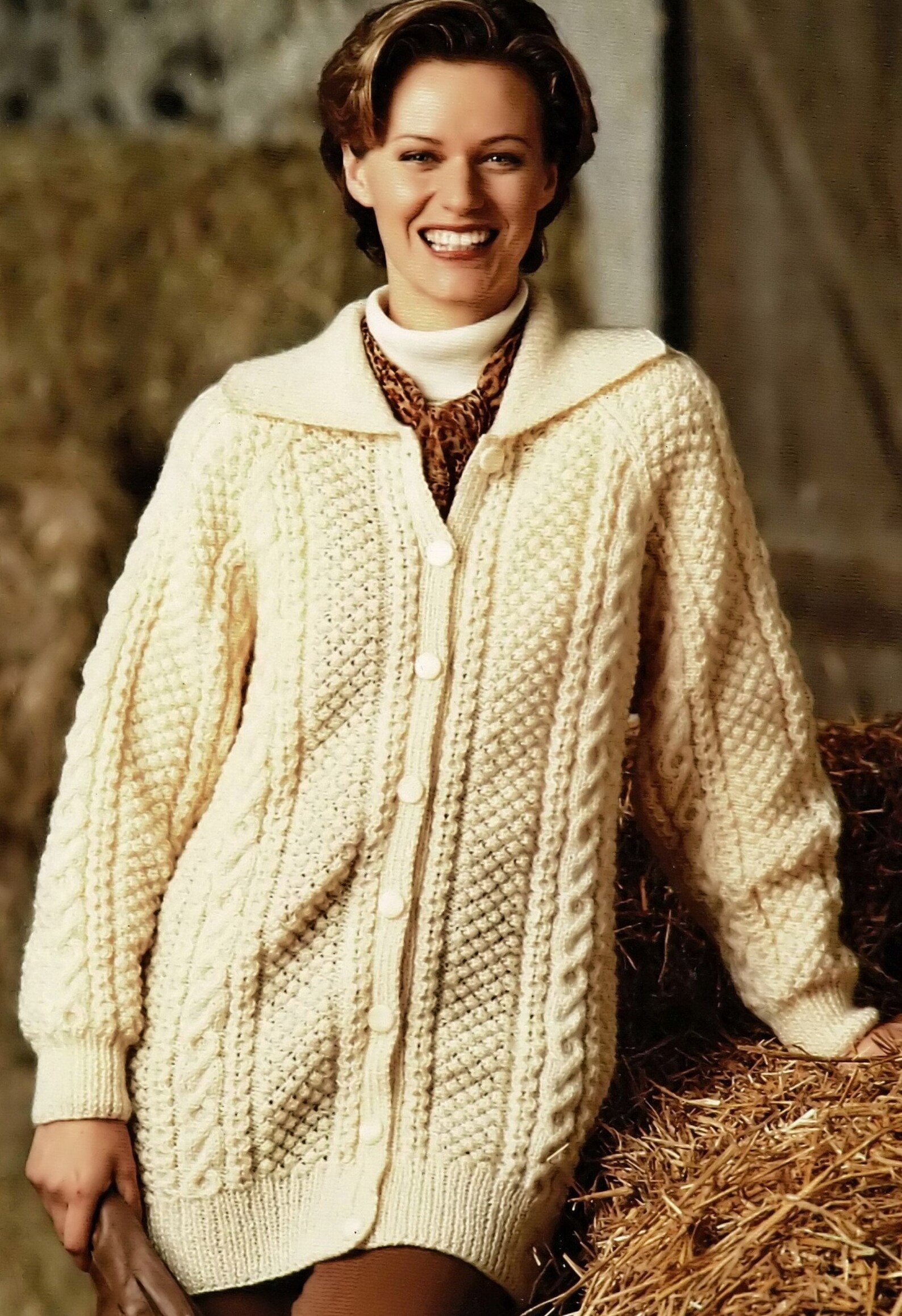 Ladies Gorgeous Hip Length Aran Jacket With Wide Collar, Vintage ...