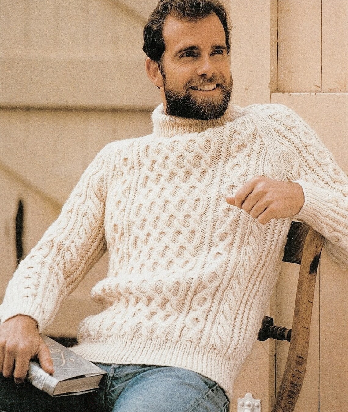 Mens Classic Aran Sweater With Raglan Sleeves and Roll Neck, Vintage ...