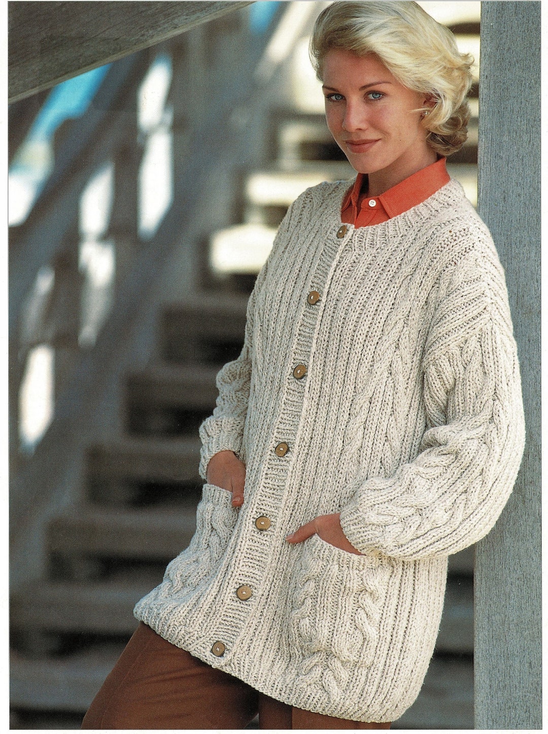 Ladies "chunky Knit" Rib and Cable Hip Length Cardigan, Vintage ...