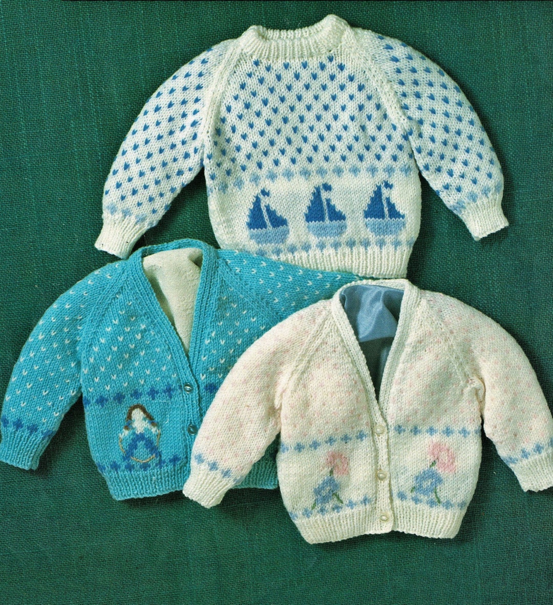 Babies Cute Fair Isle Cardigan and Sweater Boats, Flowers and Skipping ...