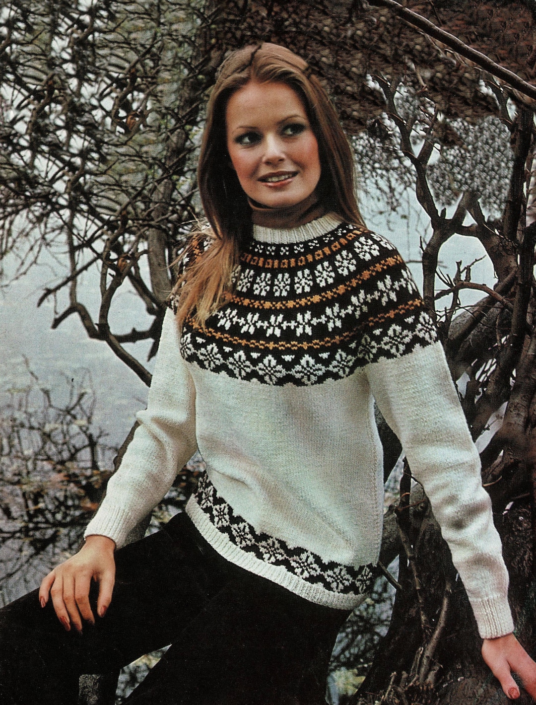 Ladies Nordic Style Sweater With Pretty Fair Isle Yoke, Vintage ...