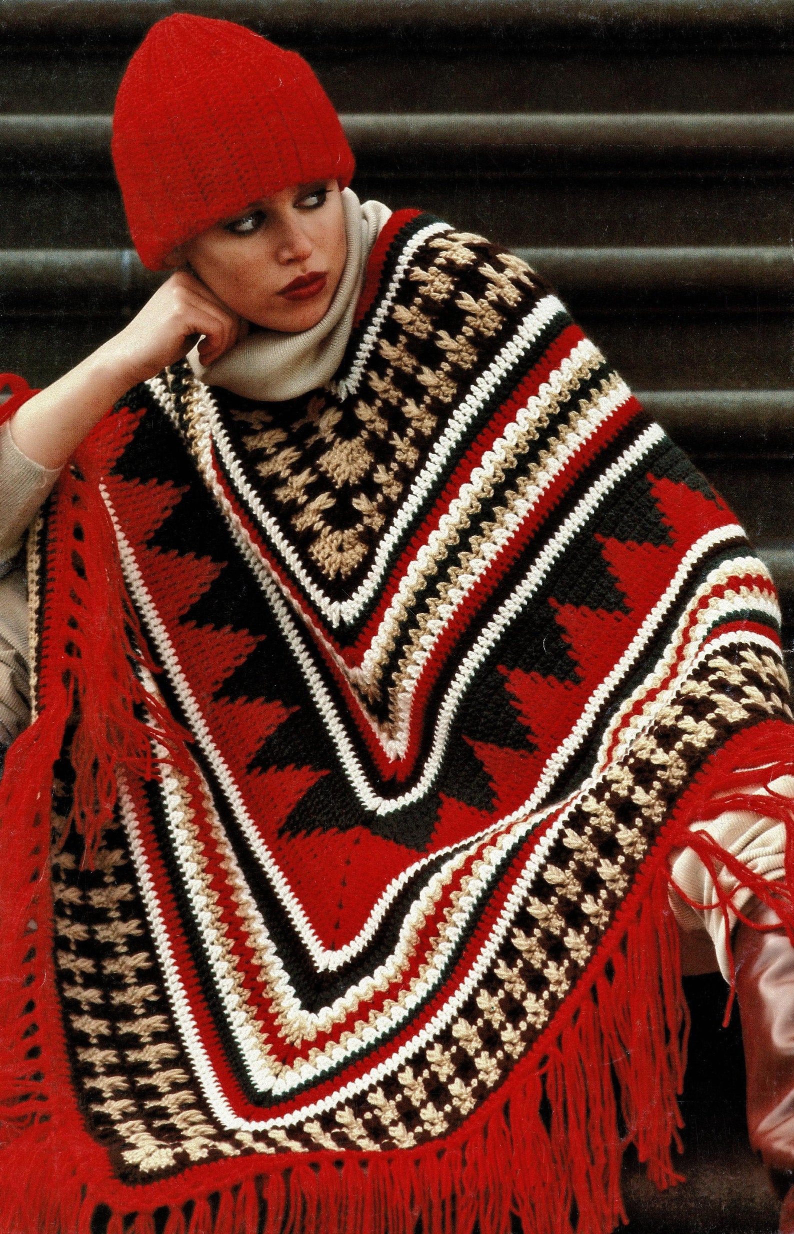 Ladies Bold Multi-colour Poncho With Plain Hat, Vintage Crochet Pattern ...