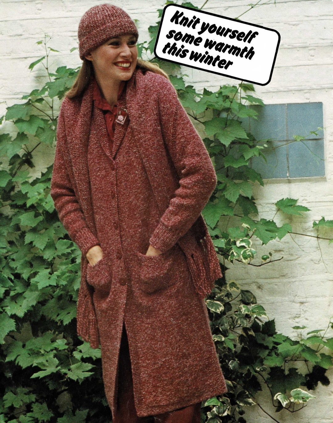 Ladies Three Quarter Length Coat With Hat and Scarf, Vintage Knitting ...