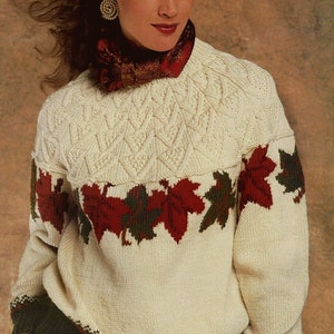 Ladies Gorgeous Sweater With Row of Autumn Leaves and Aran Yoke ...