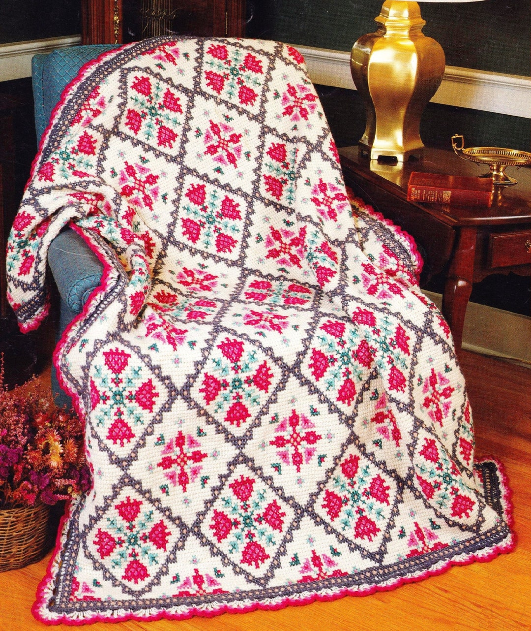 Gorgeous Floral Cross-stitch Afghan in Aran, Vintage Crochet Pattern ...