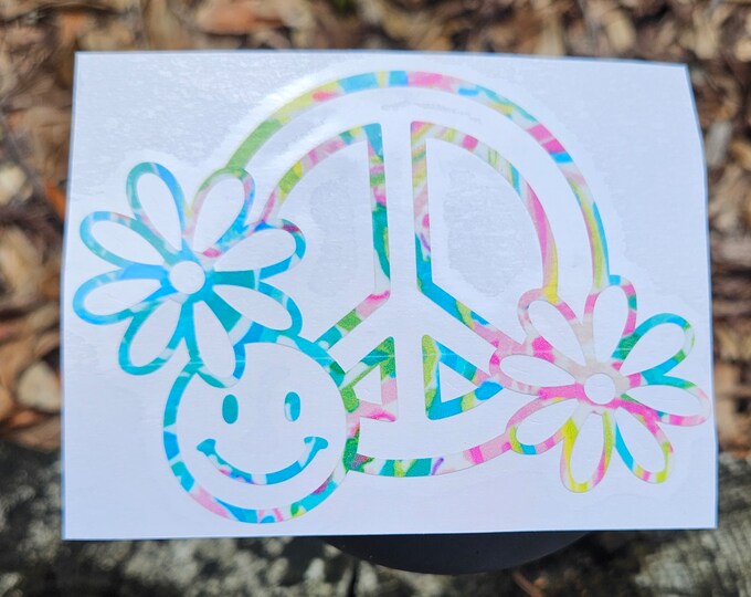 Retro Peace Sign Smiley Face and Flowers Vinyl Decal, Peace Sign Decal ...