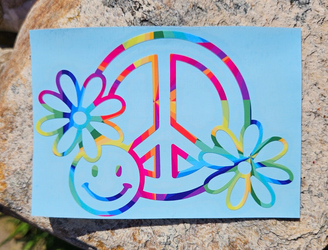 Retro Peace Sign Smiley Face and Flowers Vinyl Decal, Peace Sign Decal ...