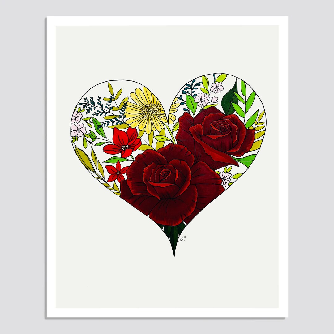 Floral Heart Art Print, Original Drawing, Giclée, Home Decor - Etsy