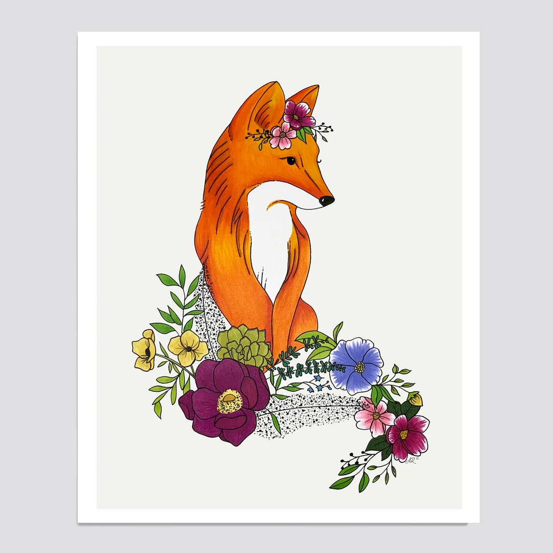 Floral Fox Art Print, Original Drawing, Giclée, Home Decor - Etsy