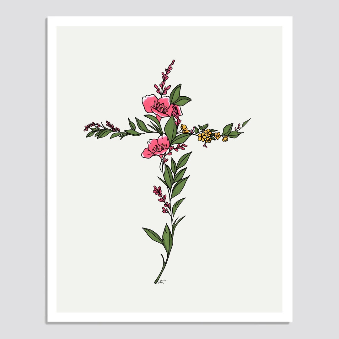 Floral Cross Art Print, Original Drawing, Giclée, Religious Decor - Etsy