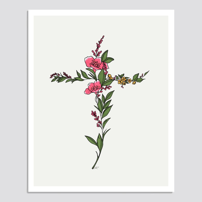 Floral Cross Art Print, Original Drawing, Giclée, Religious Decor - Etsy