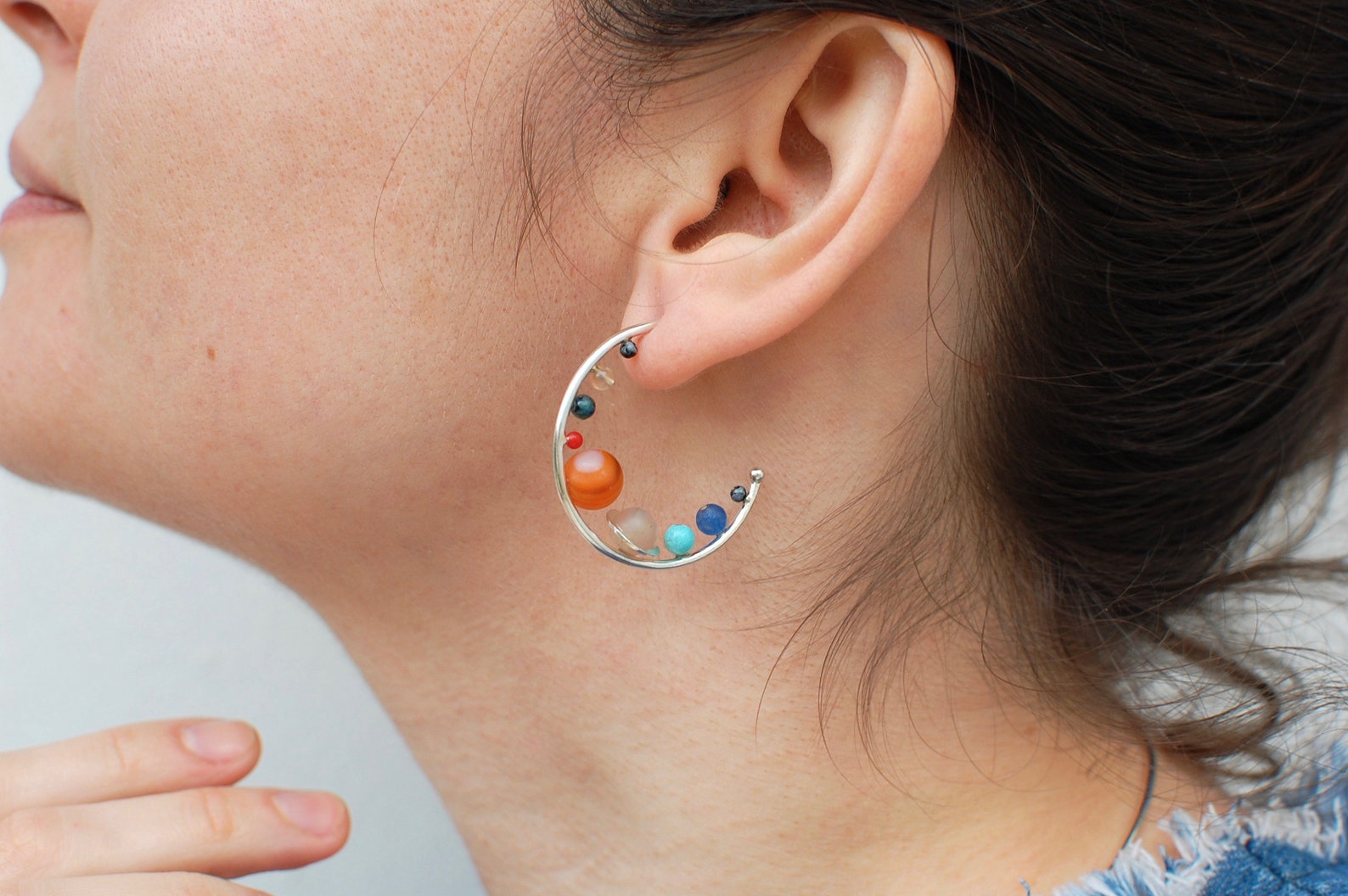 Solar System Hoop Earrings, Sterling Silver and Natural Stones - Etsy