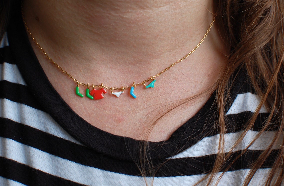 Gold Plated Laundry Necklace on a Chain, Colorful Enamel Charms, Fun ...