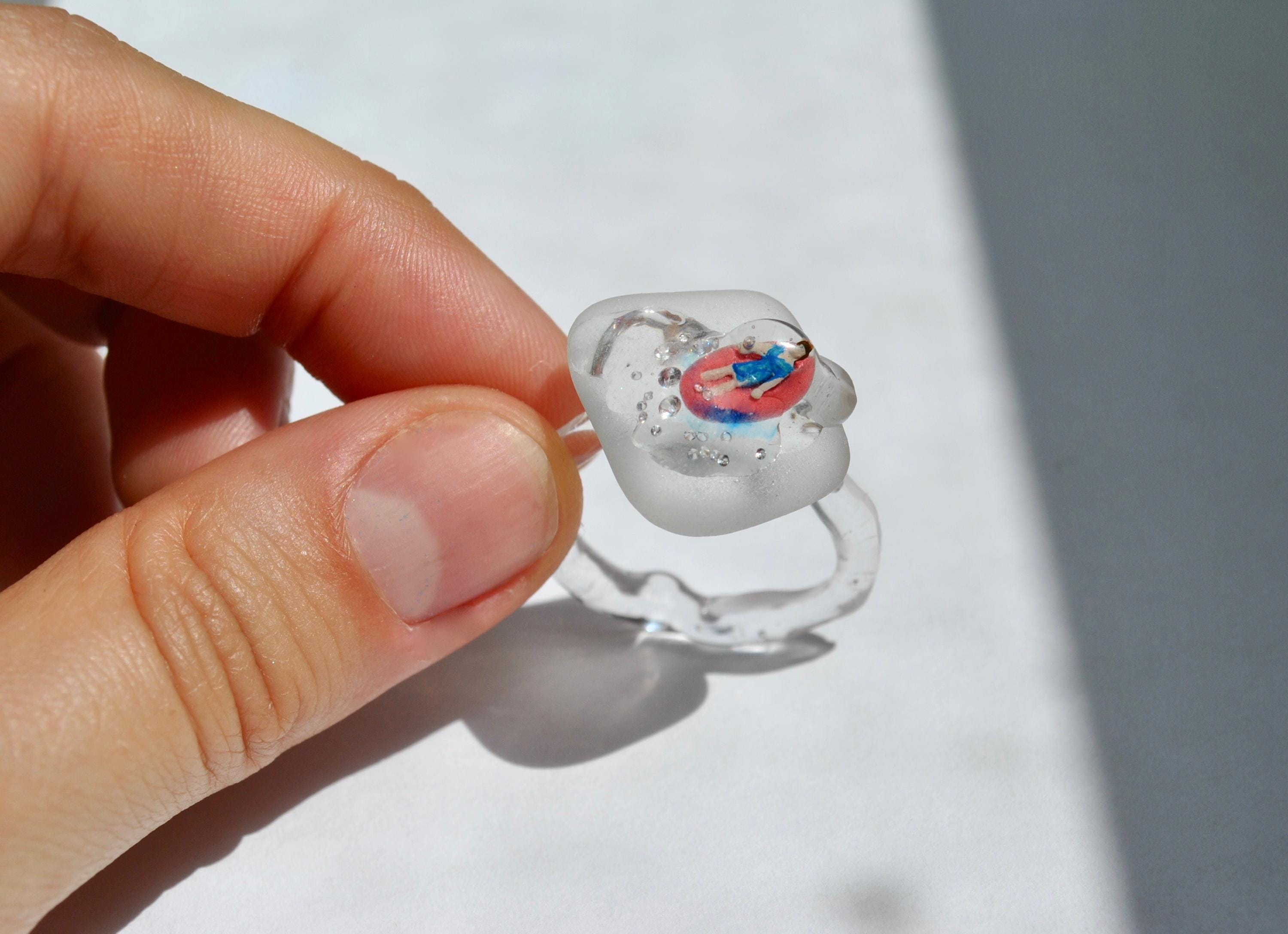 Sea Glass Ring With Tiny People, Chilling on Floating Mattresses ...
