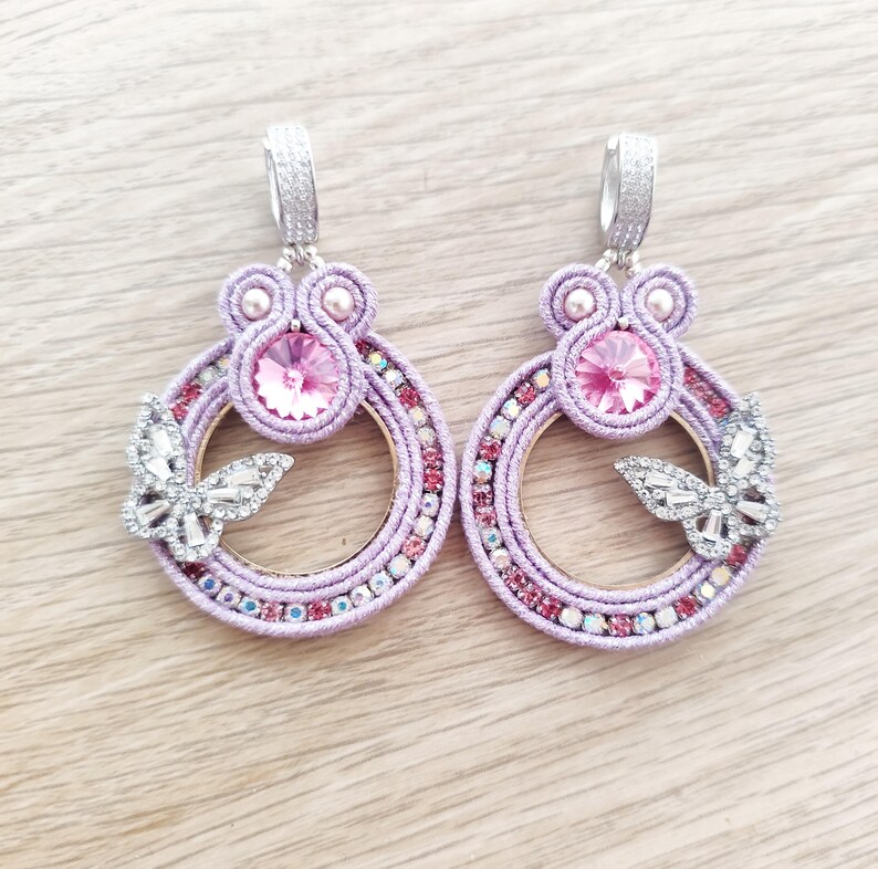 Unique Pink Soutache Earrings With Butterfly Charms - Handmade Fashion ...
