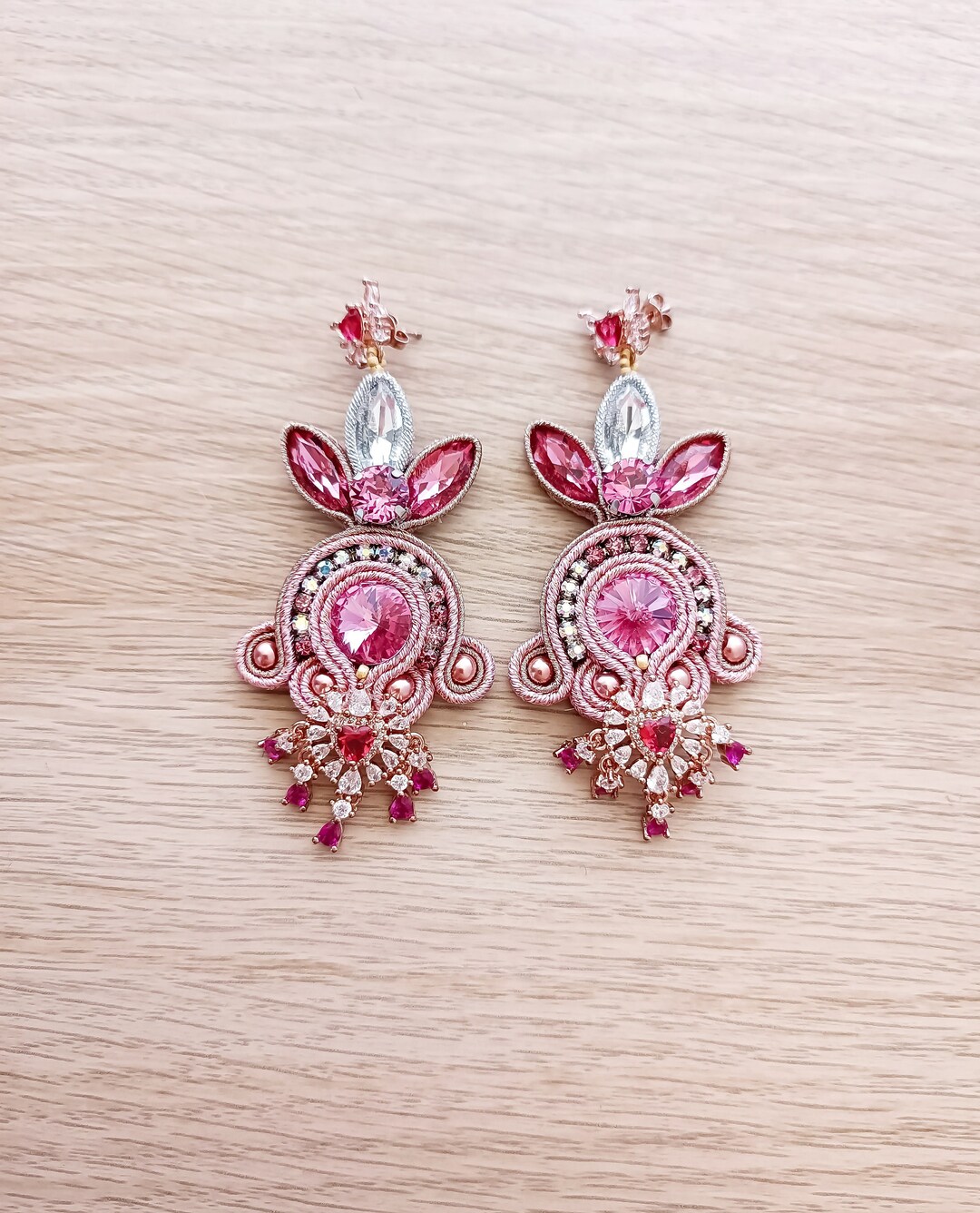 Boho Chic Pink Soutache Earrings With Crystals – Handmade Artistic ...