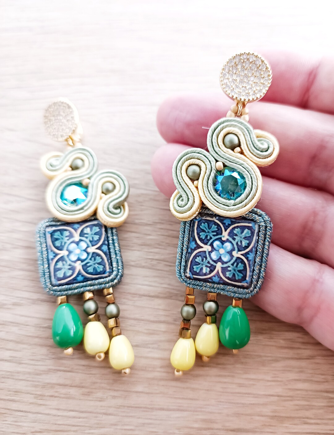 Soutache Earrings With Vintage-inspired Tile Motif and Crystal Details ...