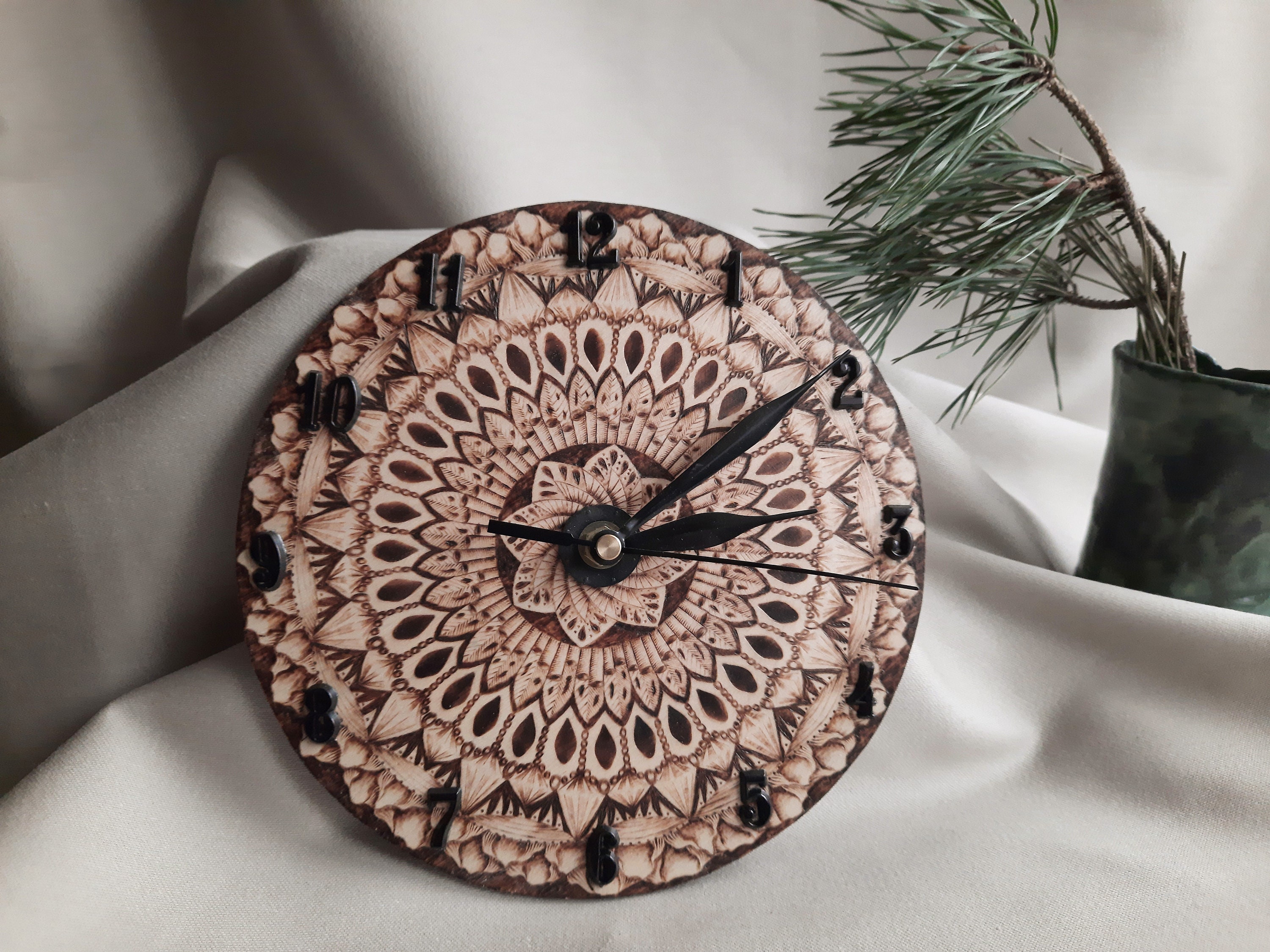Mandala Wall Clock With Numbers Woodburned Floral Wall Art - Etsy