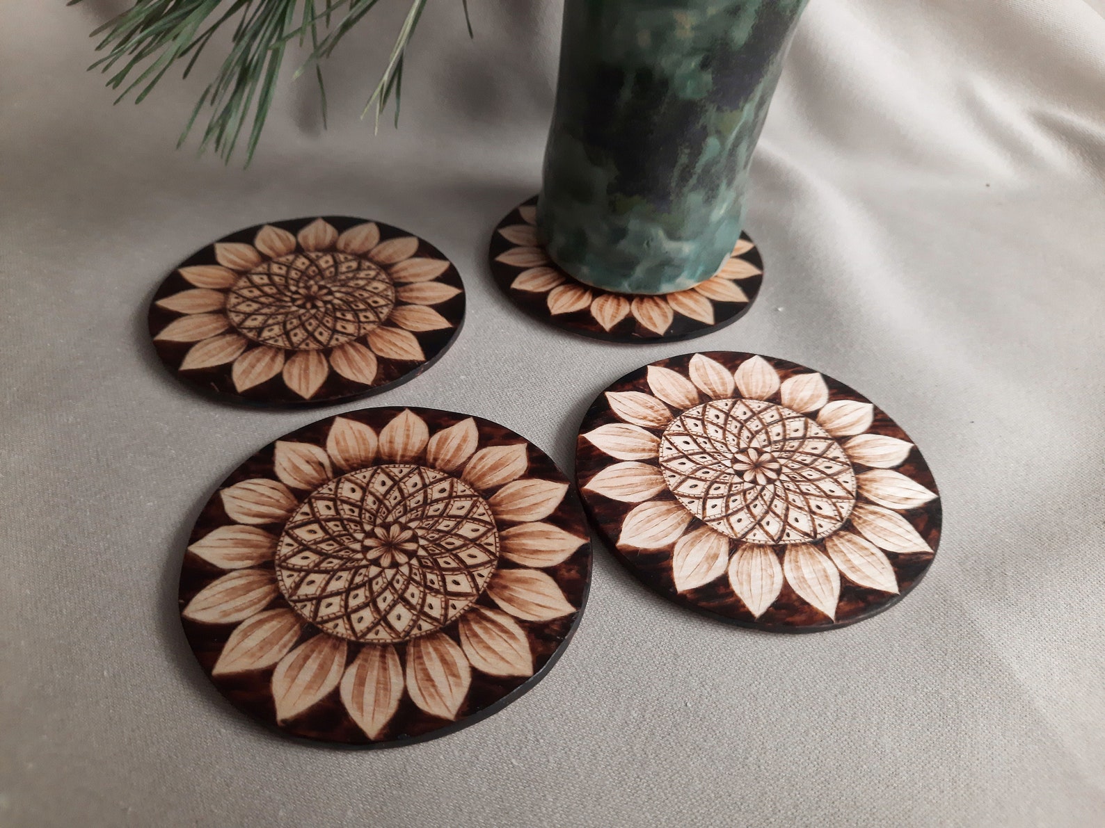 Sunflower Coasters Set, Wooden Floral Coasters, Flower Coasters for Hot ...