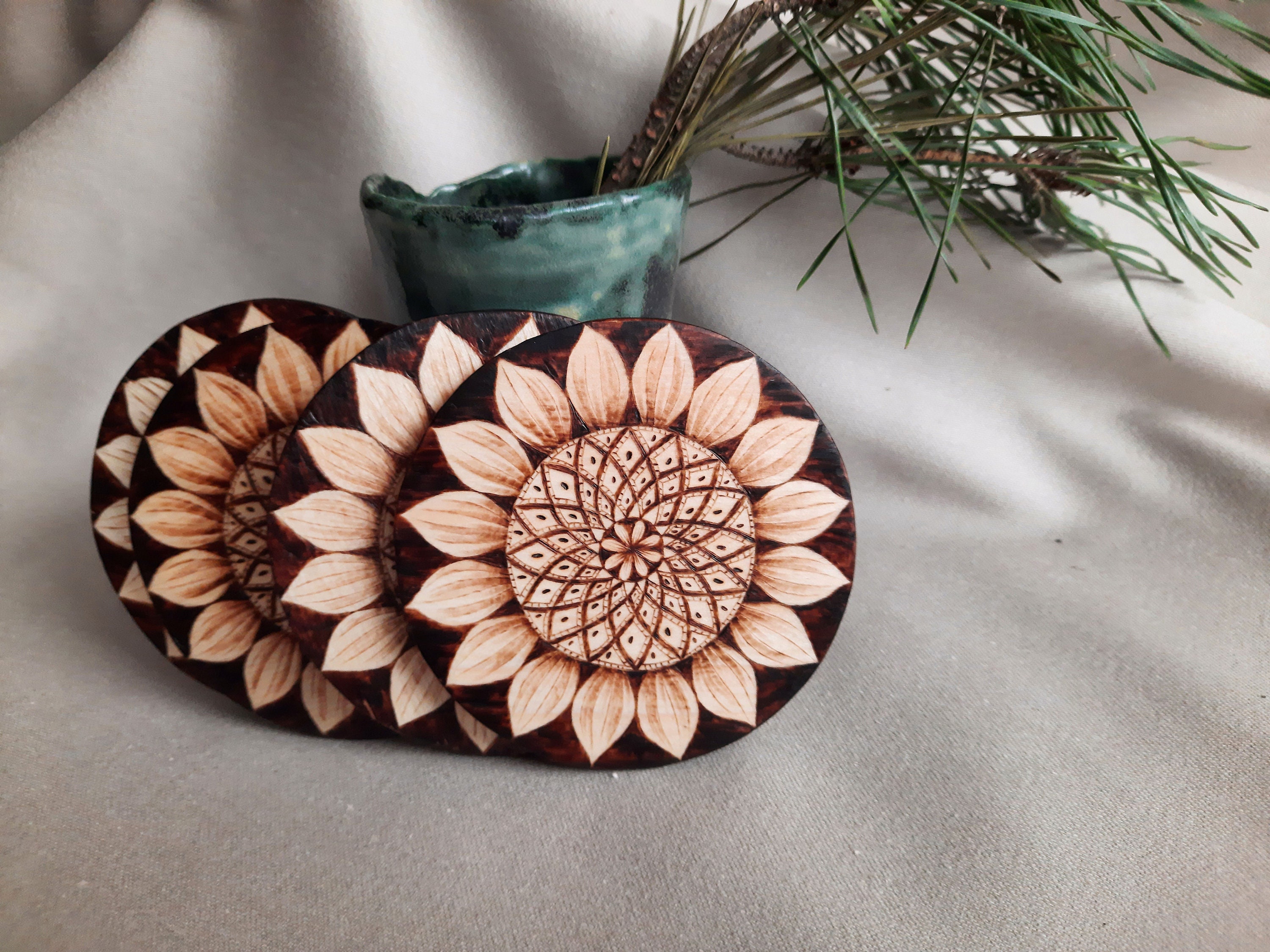 Sunflower Coasters Set, Wooden Floral Coasters, Flower Coasters for Hot ...