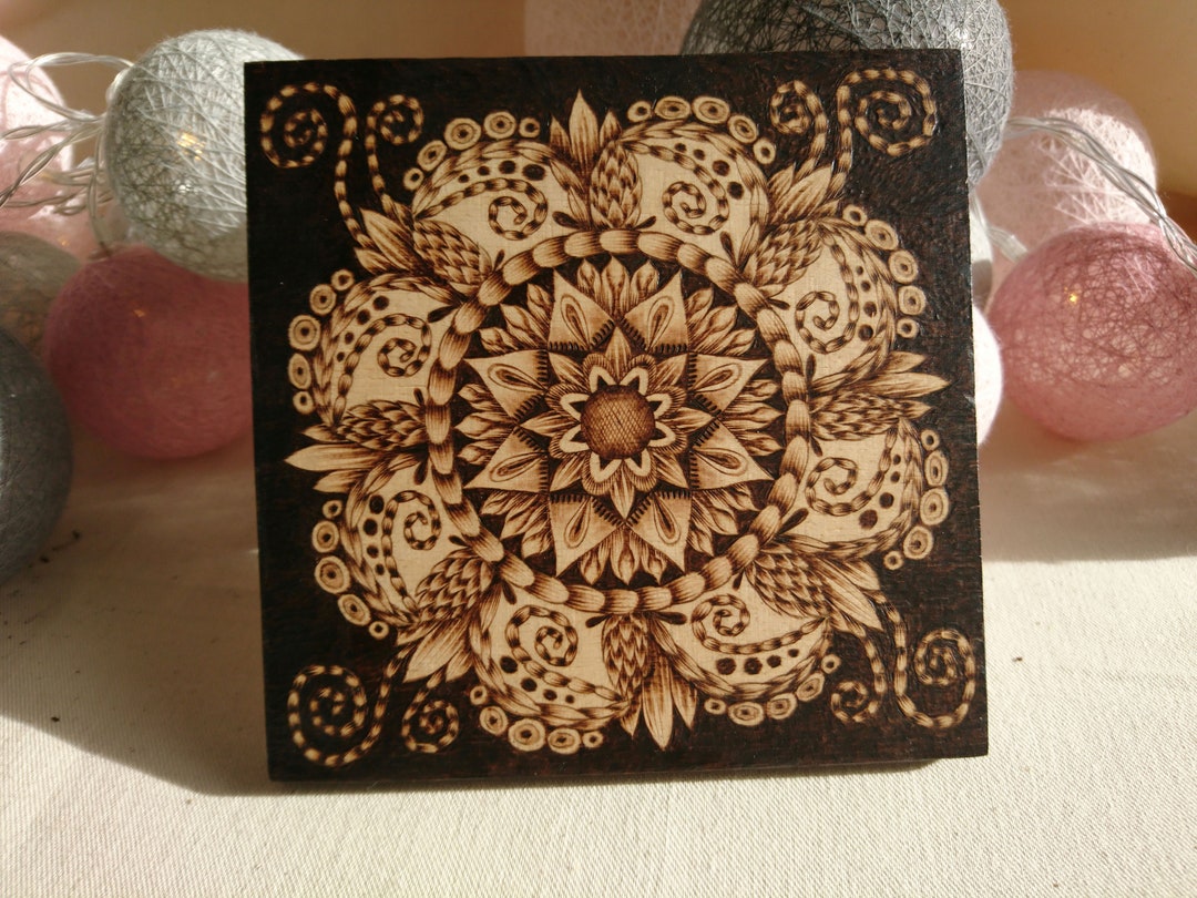 Woodburned Mandala Wall Decor, Nature Inspired Pyrography Art, Floral ...