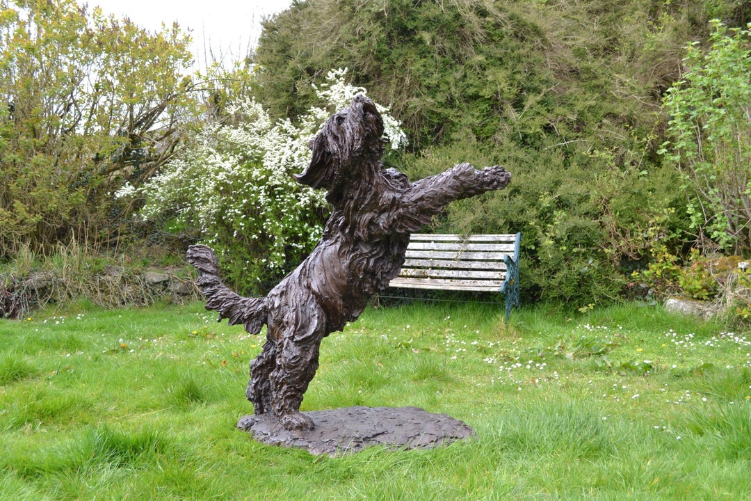 Leaping Bearded Collie Dog Statue | Large Bronze Resin Sculpture ...