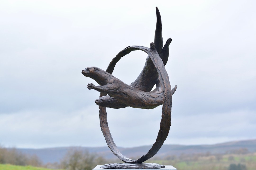 Foundry Bronze Otters Swimming Through Ring Statue Large Bronze Metal ...