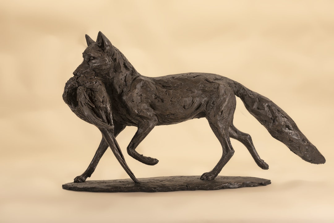 Fox and Pheasant Animal Statue | Medium Bronze Resin Sculpture ...