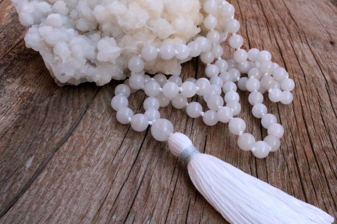 All White Mala, 108 Bead Snow Quartz Mala, Tassel Necklace, Yoga ...