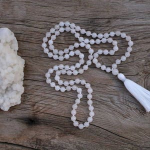 All White Mala, 108 Bead Snow Quartz Mala, Tassel Necklace, Yoga ...