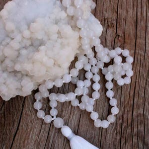 All White Mala, 108 Bead Snow Quartz Mala, Tassel Necklace, Yoga ...