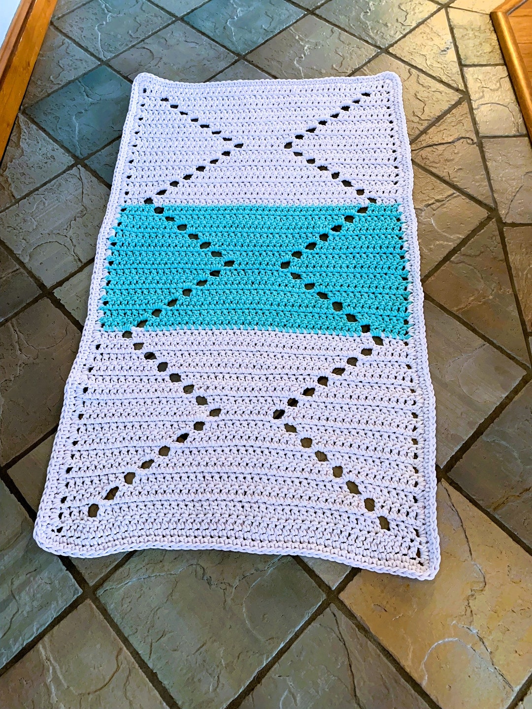 Handmade Cotton Aztec Crocheted Rug: White & Teal Runner (30x53 Inches ...